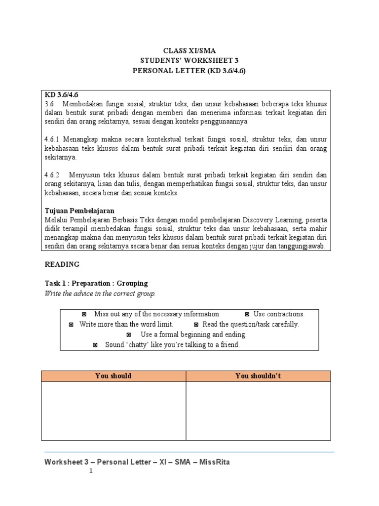 Personal Letter Writing Worksheet | PDF | Cognition