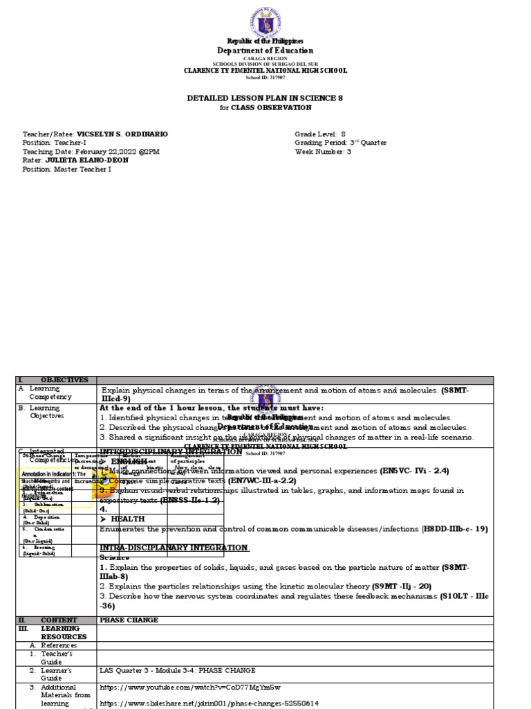 DETAILED-LESSON-PLAN-IN-SCIENCE-8 | PDF | Nature | Phases Of Matter
