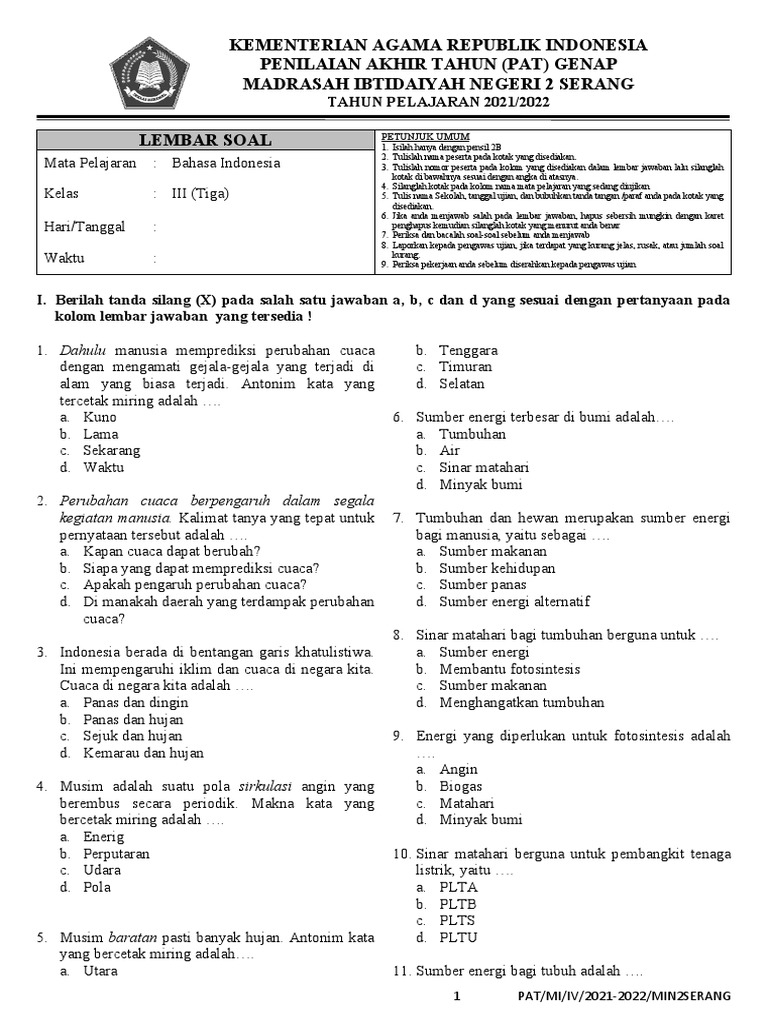 Soal Pat Bindo 3 | PDF