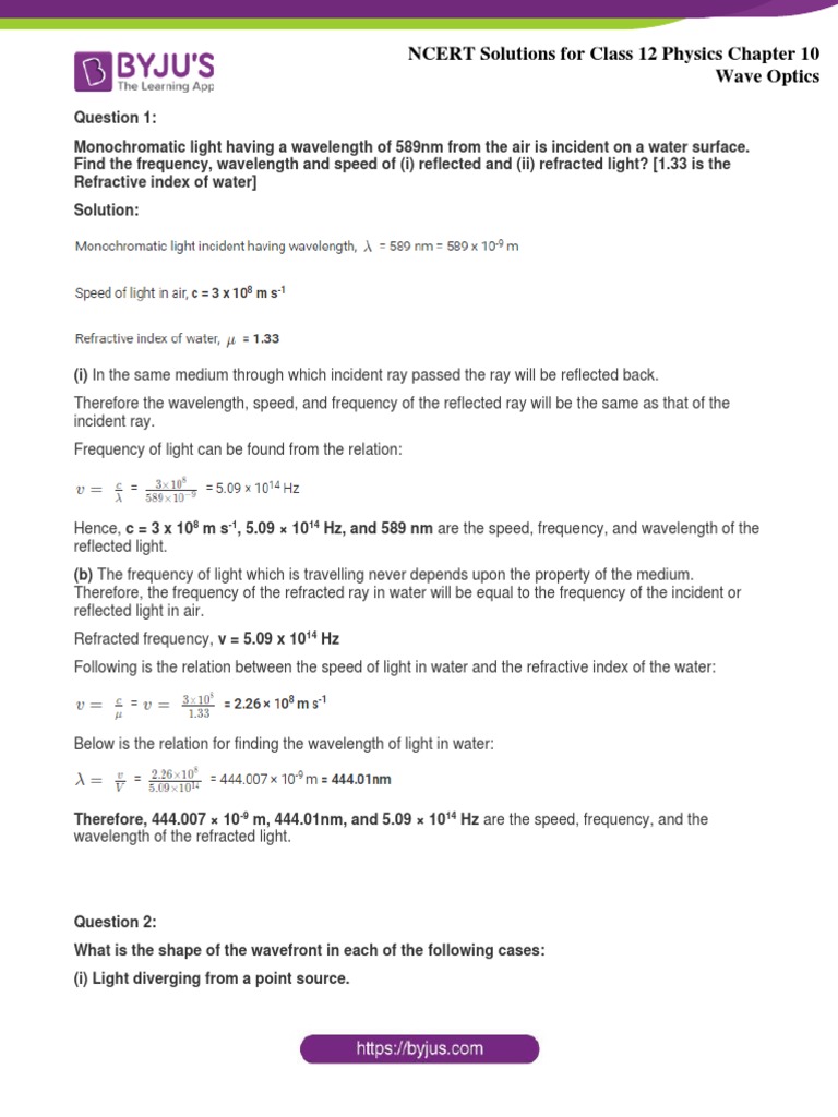 NCERT Solutions For Class 12 Physics Chapter 10 Wave Optics | PDF | Diffraction | Wavelength