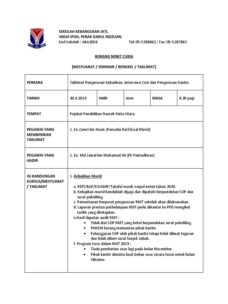 BORANG MINIT CURAI | PDF