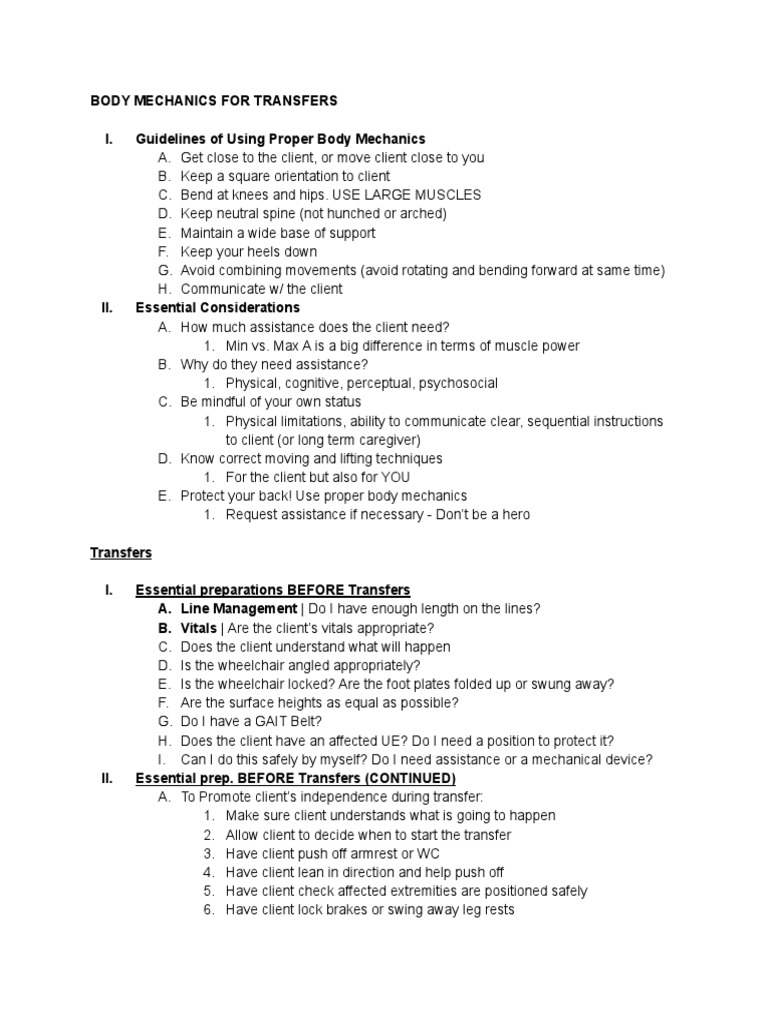 Body Mechanics For Transfers | PDF
