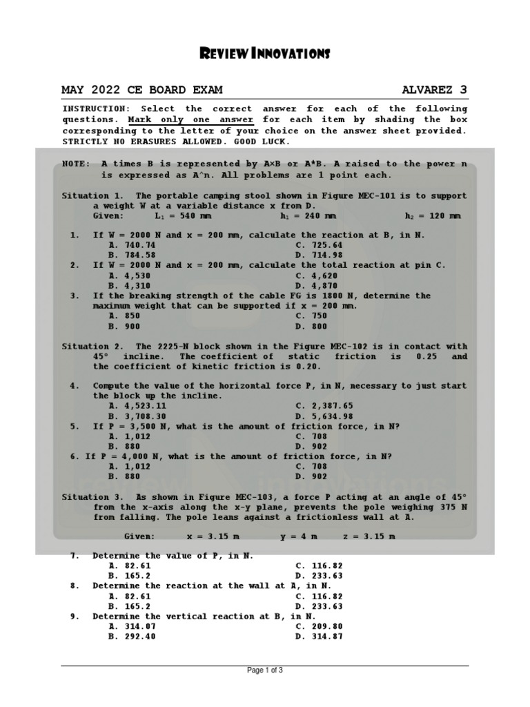 May 2022 Ce Board Exam Alvarez 3: Eview Nnovations | PDF | Friction | Force