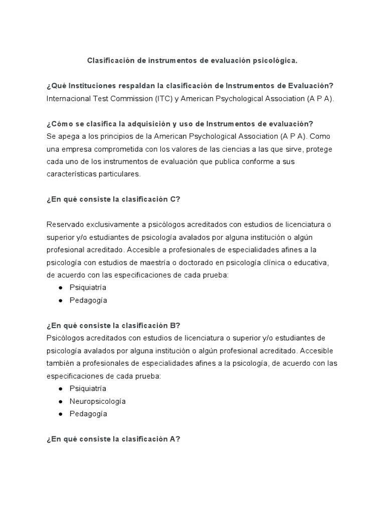 Clasificación de Instrumentos Psicológicos | PDF | Las emociones ...