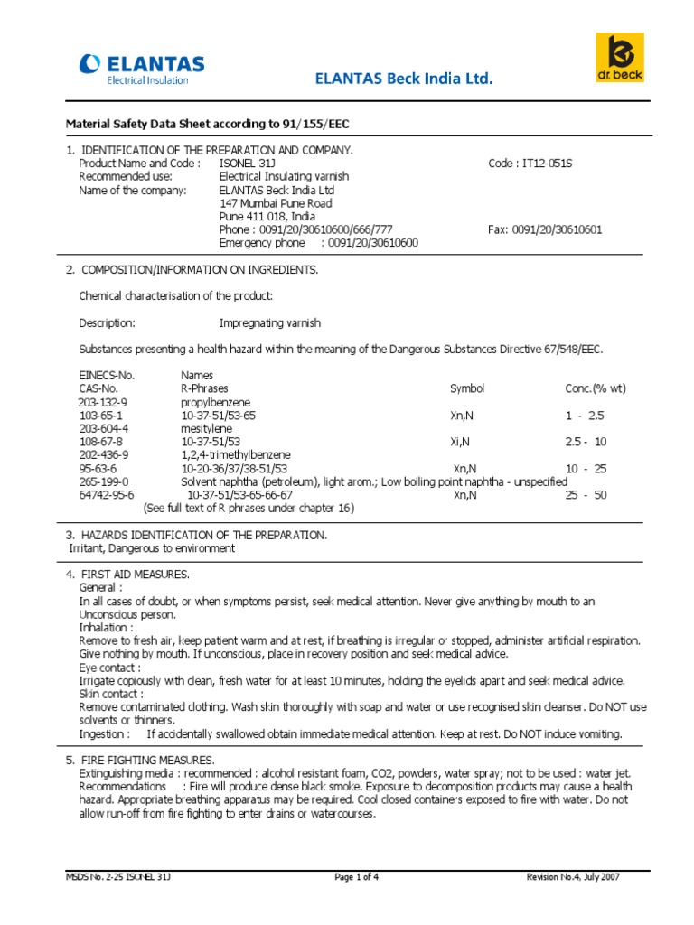 Material Safety Data Sheet According To 91/155/EEC: MSDS No. 2-25 ...