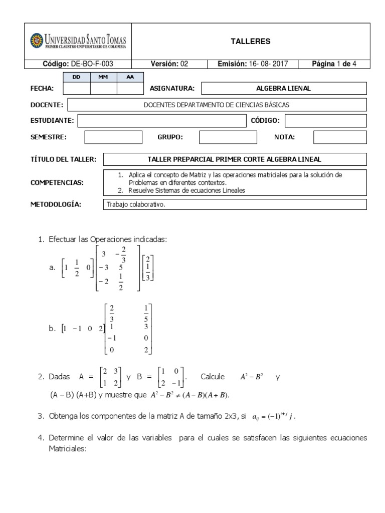 Taller Preparcial Uno Algebra Lineal | PDF | Matriz (Matemáticas) | Ecuaciones