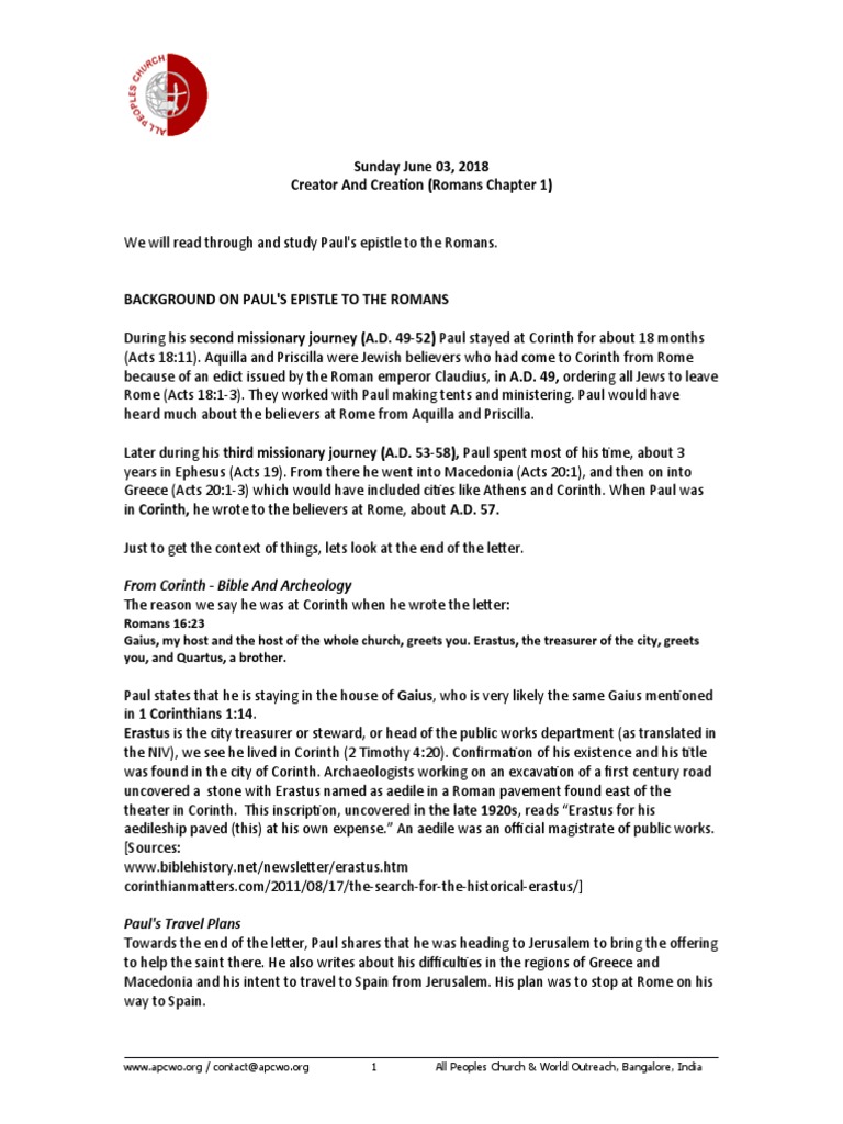 Creator and Creation-Romans Chapter-1-Ps Ashish Raichur | PDF | Epistle ...