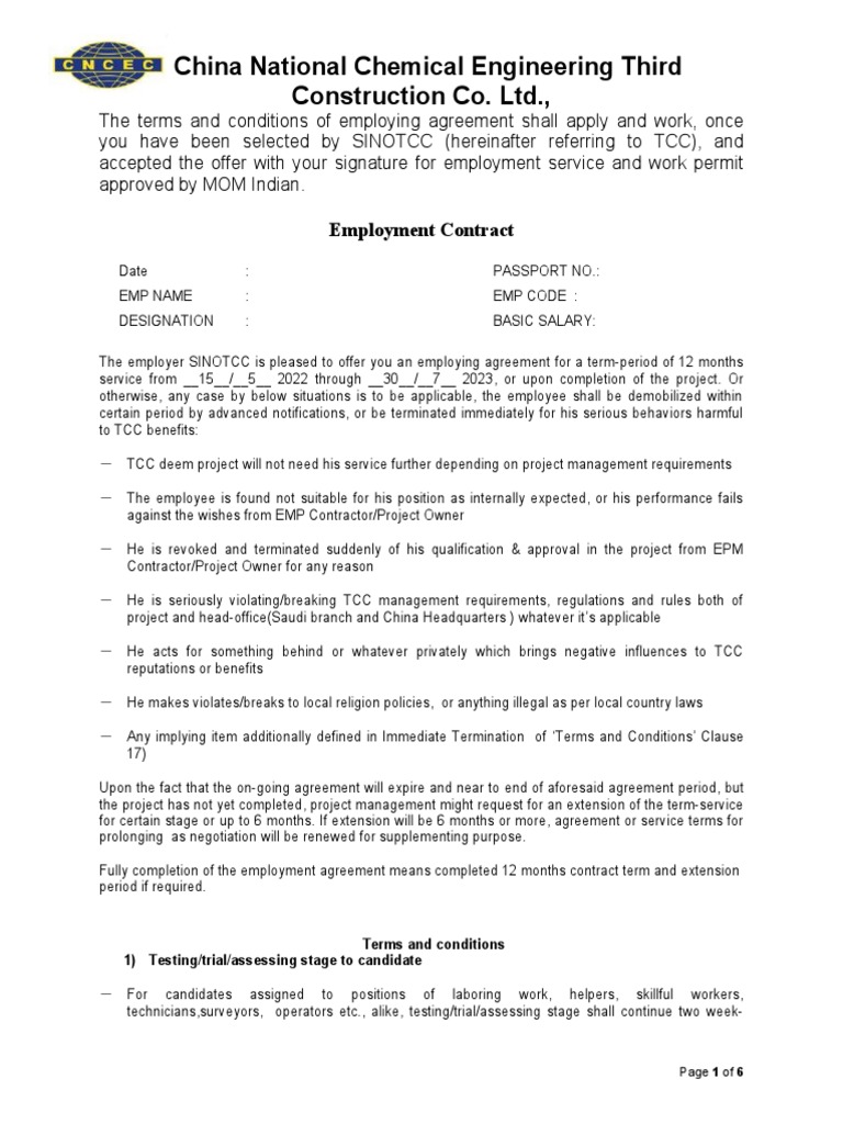 TCC Employment Contract | PDF | Employment | Salary
