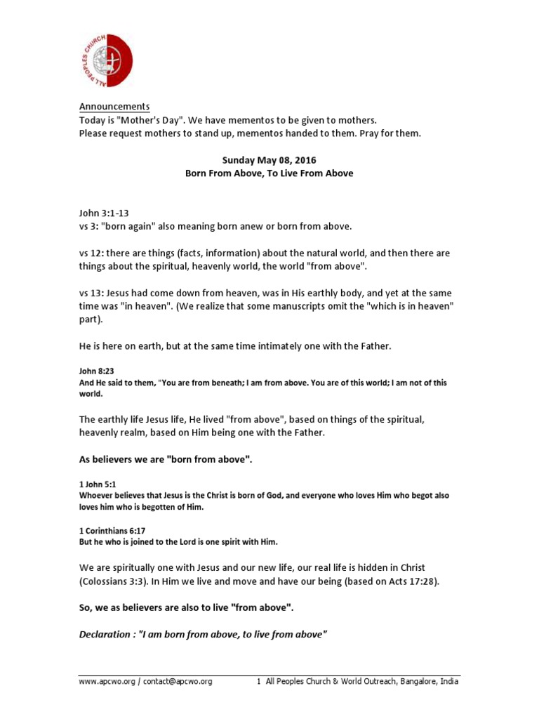 Born From Above To Live From Above-Ps Ashish Raichur | PDF | Jesus ...