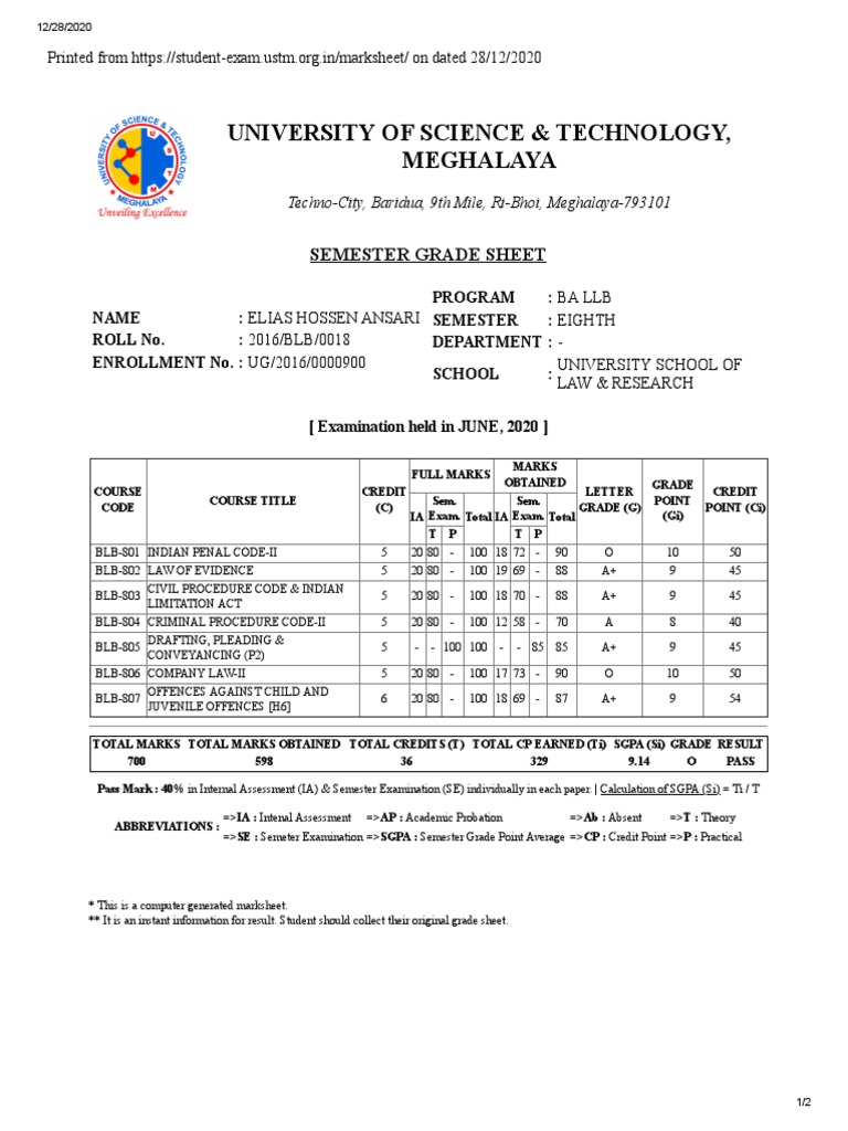 University of Science & Technology, Meghalaya: Semester Grade Sheet ...