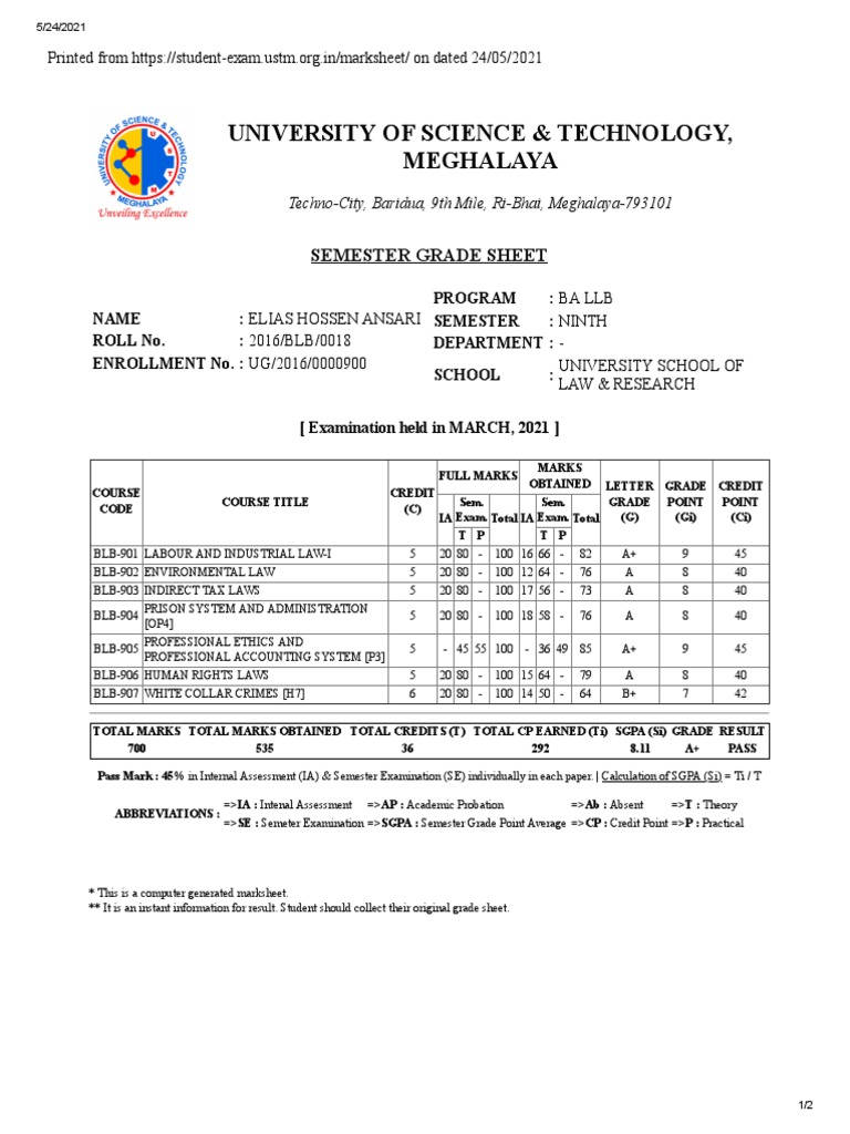 9sem Marksheet | PDF | Academic Term