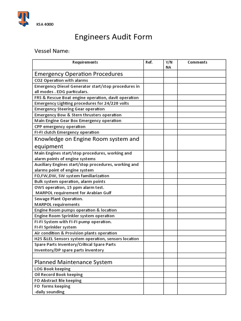 Engineers Audit Form: Vessel Name Emergency Operation Procedures | PDF