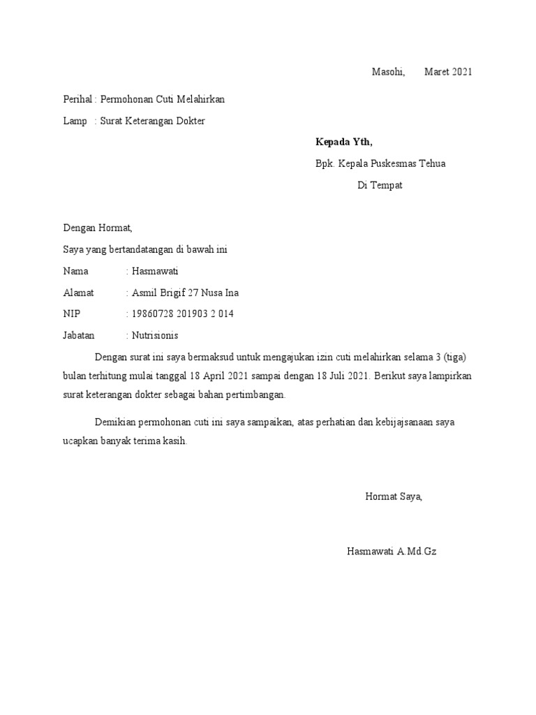 Permohonan Cuti Melahirkan Hasmawati | PDF