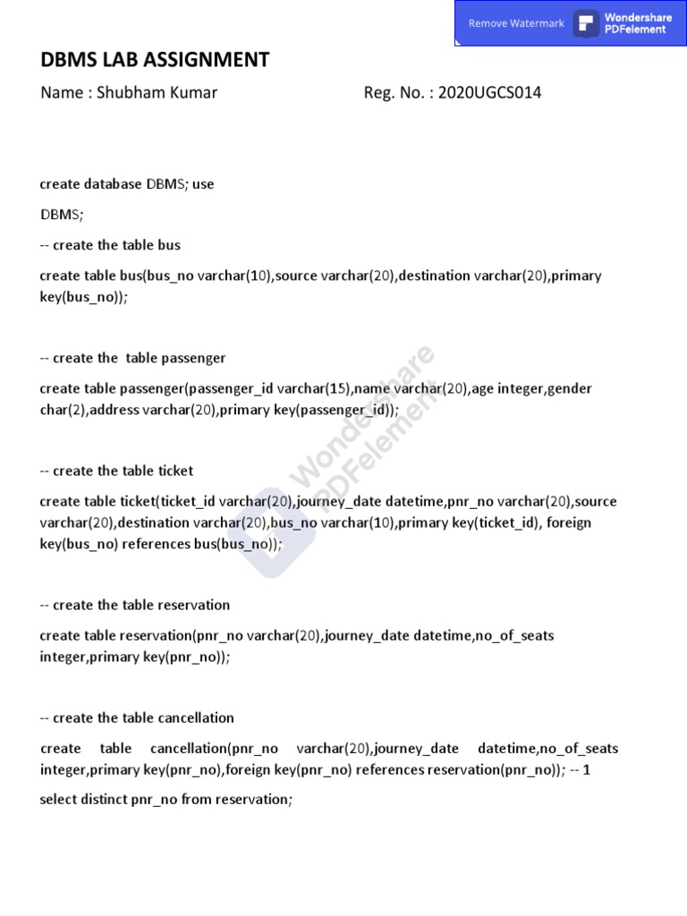 Dbms Lab Assignment: Name: Shubham Kumar Reg. No.: 2020UGCS014 | PDF