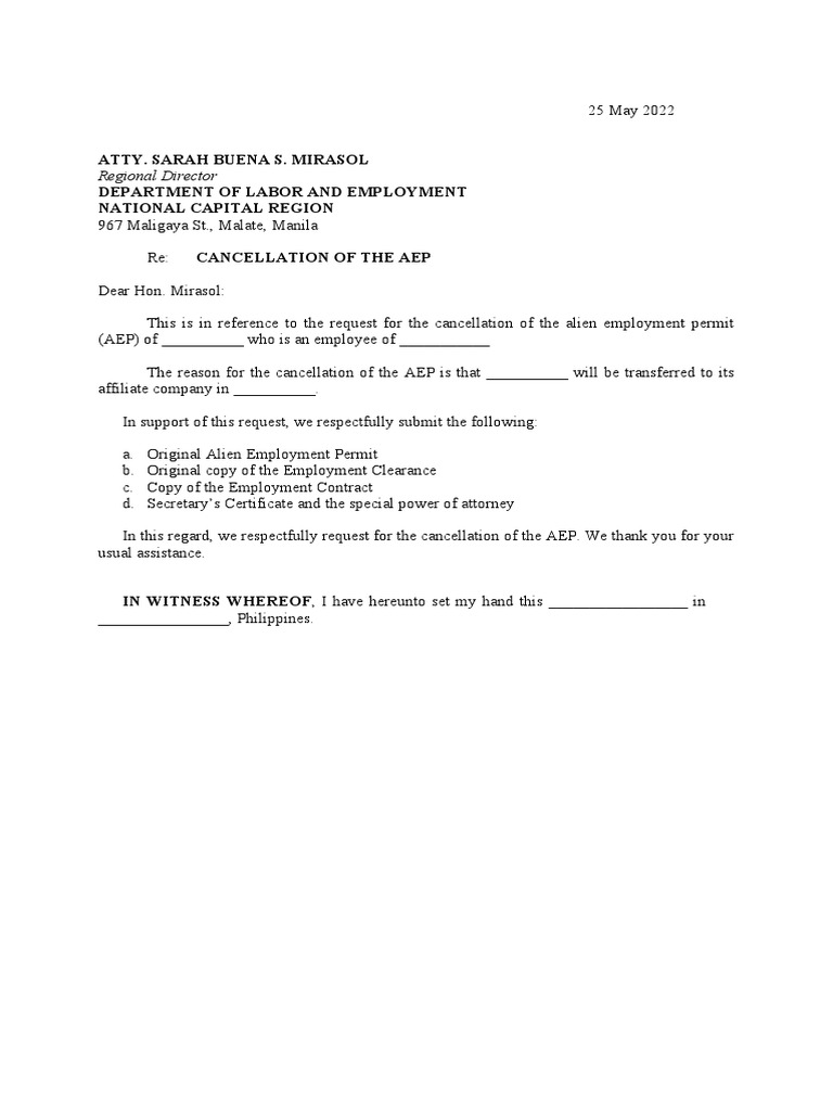 Request to Cancel Alien Employment Permit Due to Employee Transfer to ...