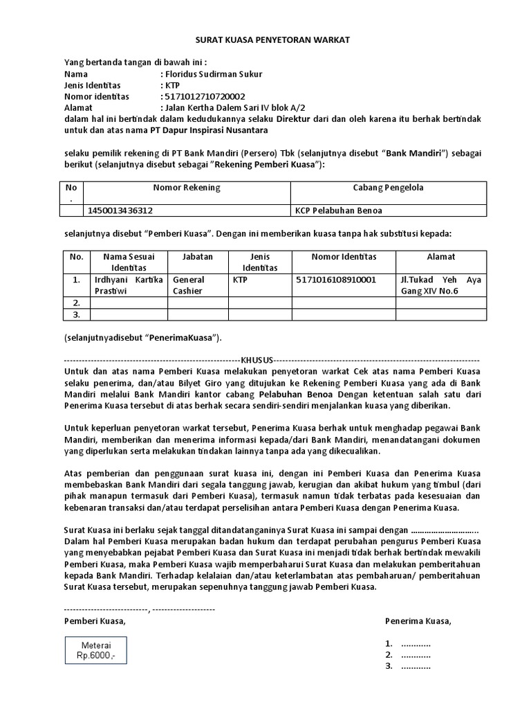 Contoh Surat Kuasa Perusahaan Setor Warkat | PDF