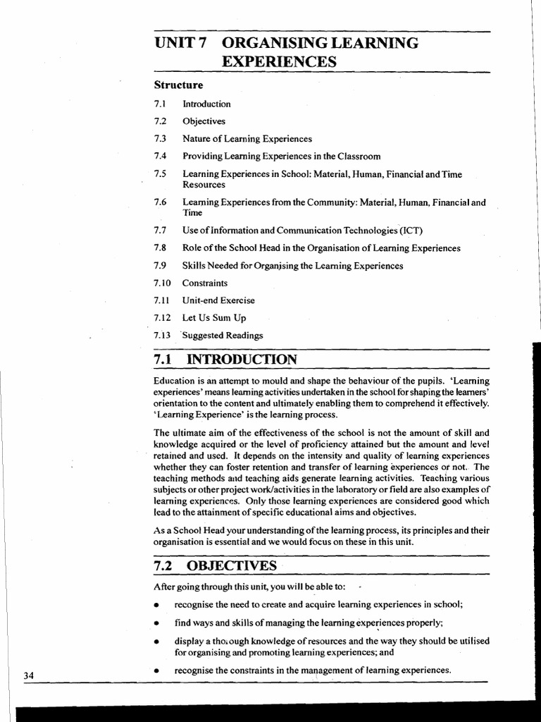 Unit 7 Organising Learning Experiences: Structure | PDF | Learning ...