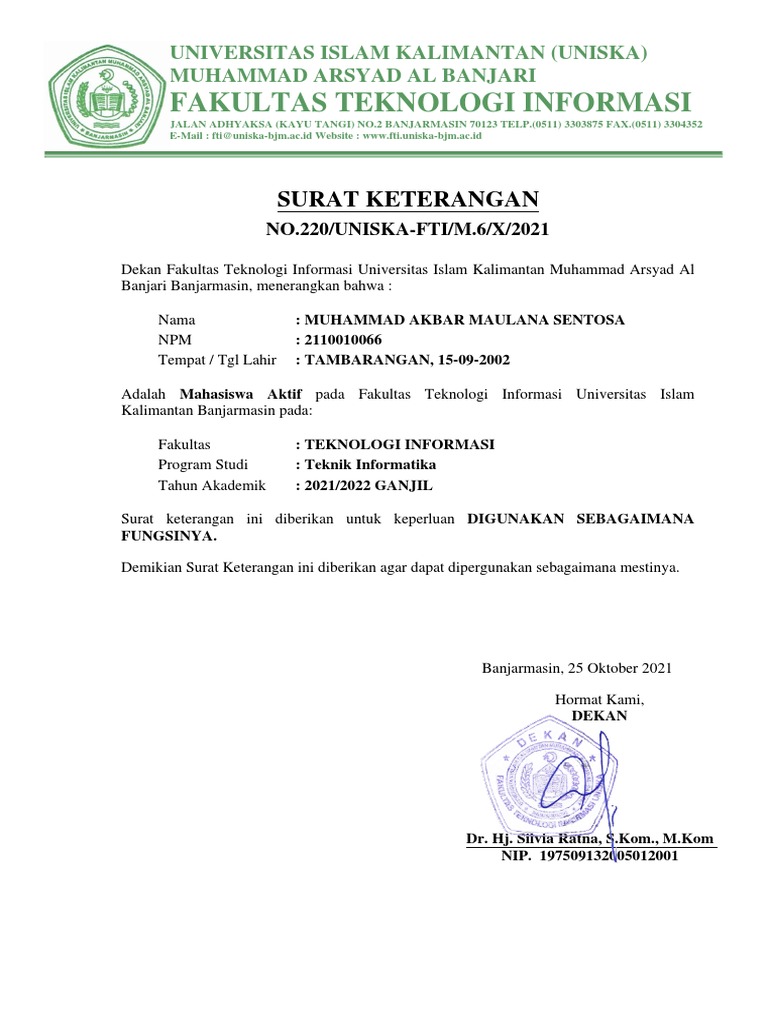 Surat Mahasiswa Aktif 2110010066 | PDF
