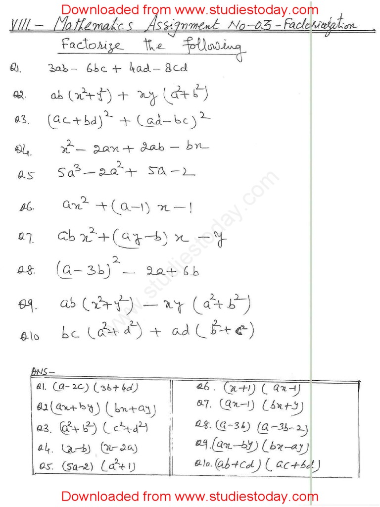 CBSE Class 8 Mathematics Factorisation Worksheet Set F | PDF