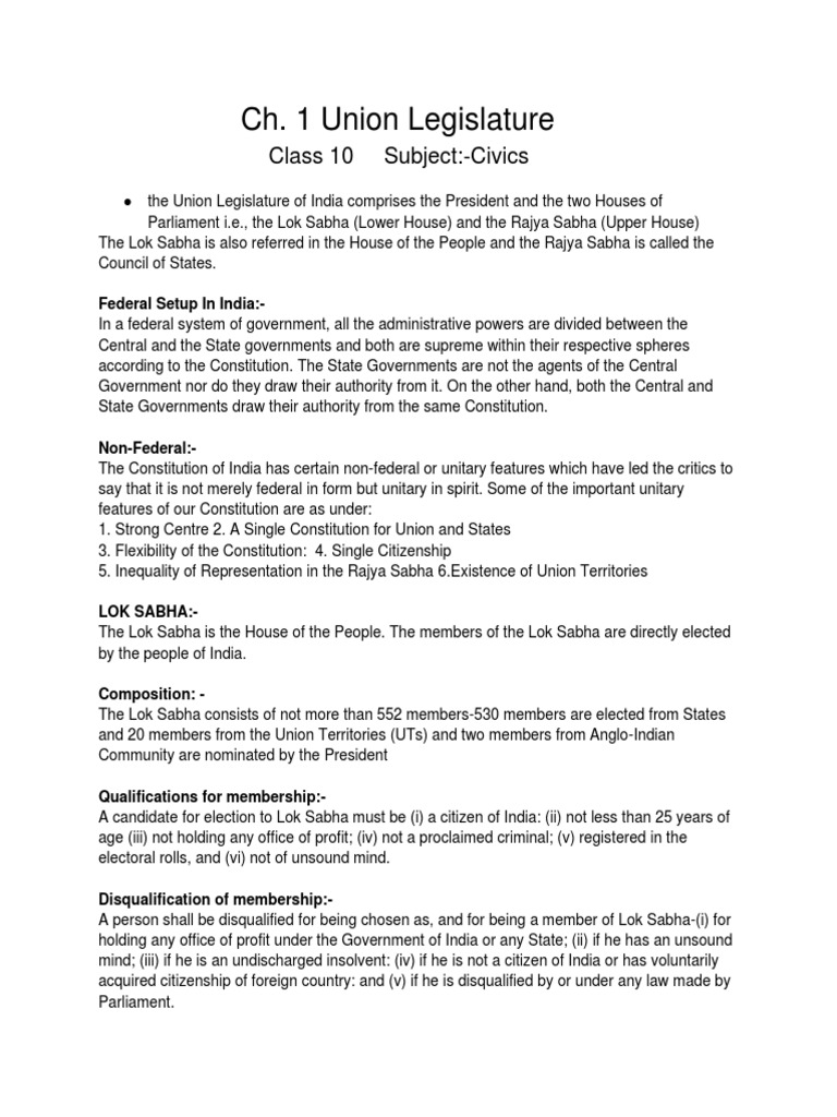 Class10Civics ch1 The Union Legislature | PDF | Government | Governance