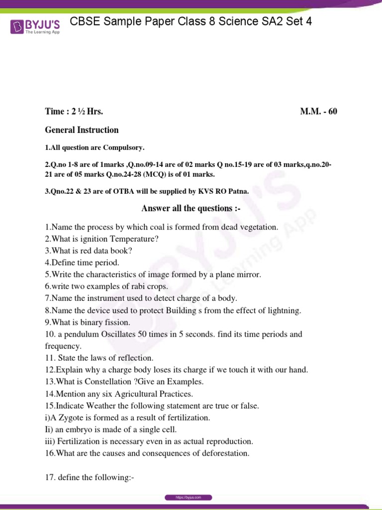 CBSE Sample Paper For Class 8 Science SA2 Set 4 | PDF | Nature | Organisms