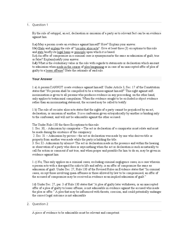 Evidence Exam Final | PDF | Evidence (Law) | Confession (Law)