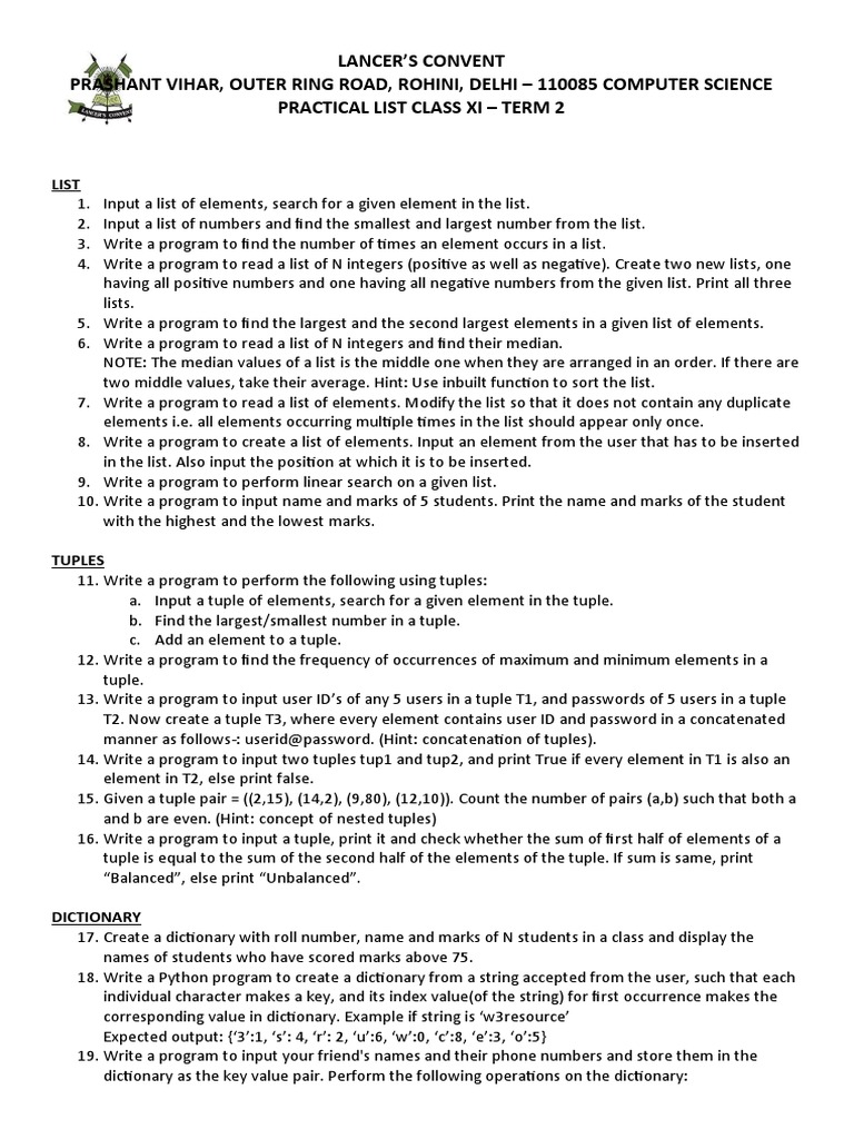 CS - XI PRACTICAL FILE QUESTIONS - Term 2 | PDF | String (Computer Science) | Numbers