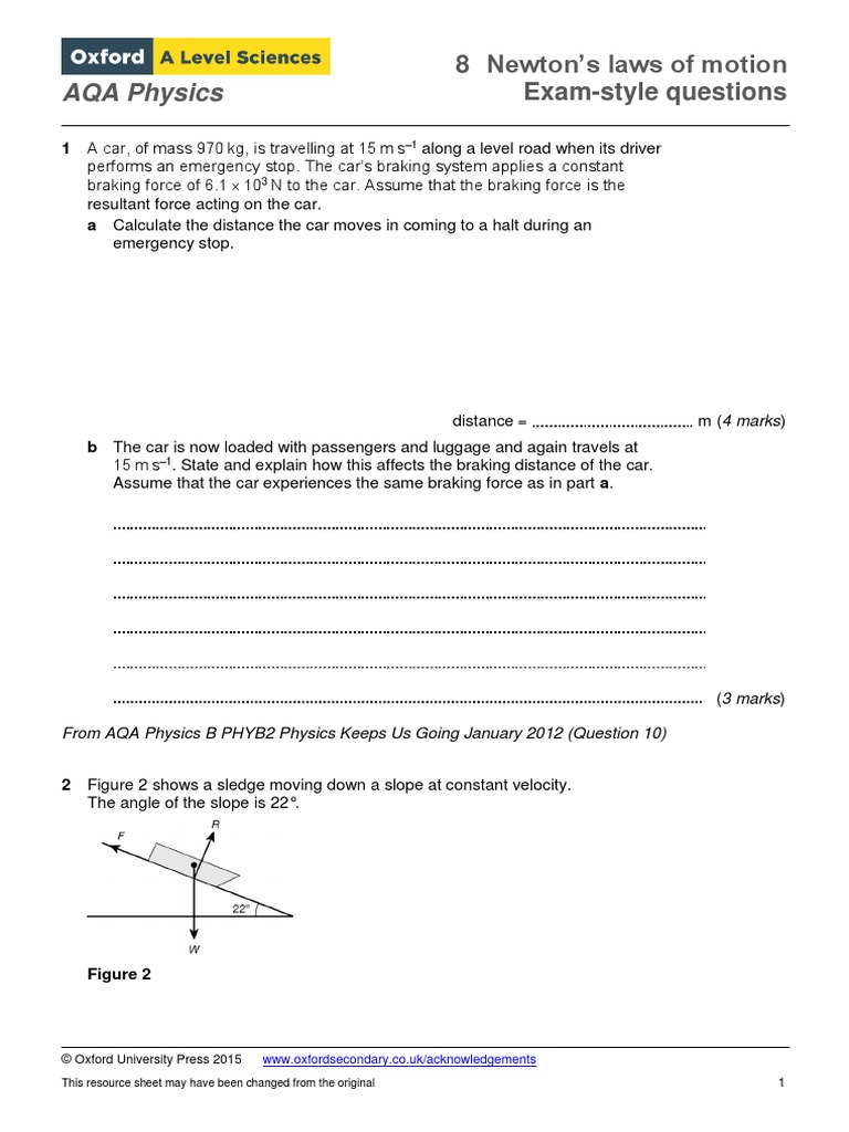 AQA Physics: 8 Newton's Laws of Motion Exam-Style Questions | Download Free PDF | Force | Velocity