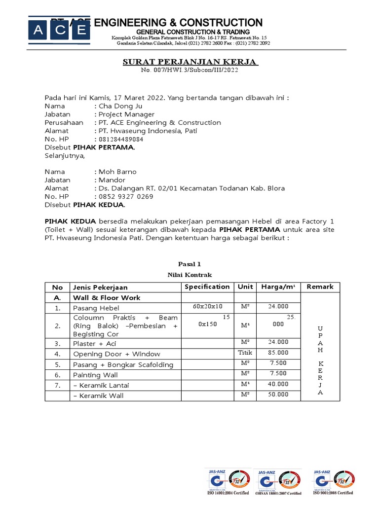 SPK Mandor BARNO (PEMASANGAN HEBEL) MARET 2022 | PDF