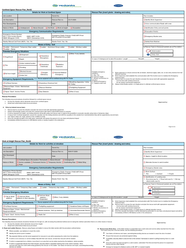 WAH & Confined Space Rescue Plan Formats 1 | PDF | Occupational Safety ...