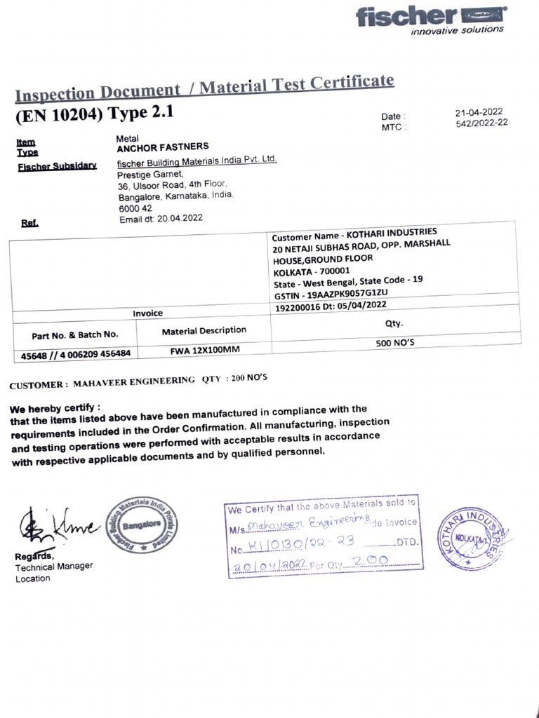 Material Test Certificate for 500 Anchor Fasteners Provided to Kothari ...