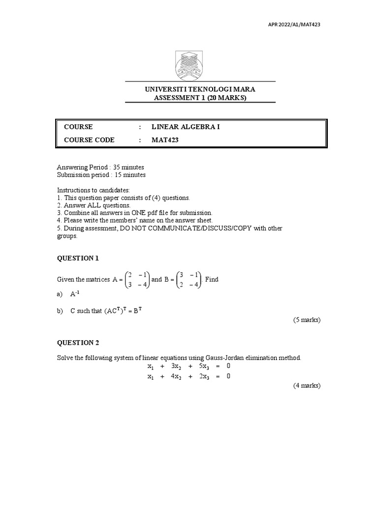 MAT423 - Assessment 1 - Set B | PDF