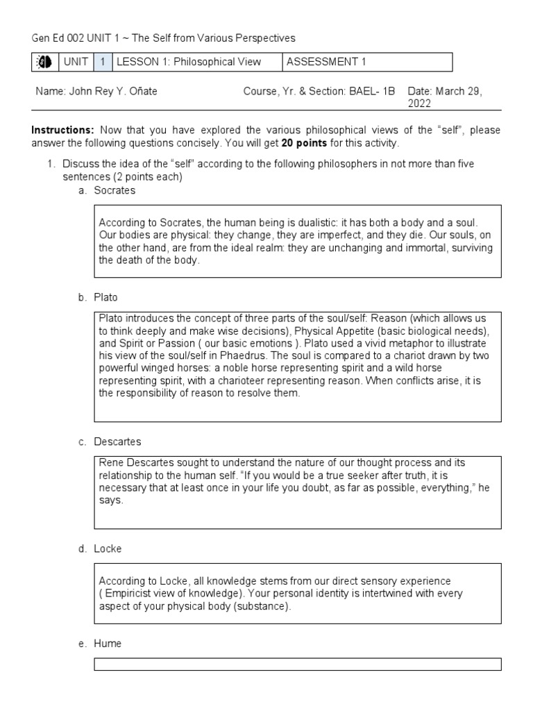 Unit 1 Lesson 1 Assessment 1 | PDF | Soul | Plato