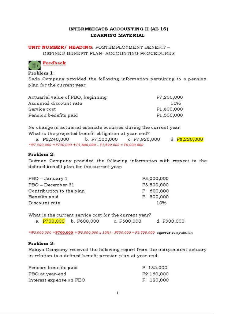 Defined Benefit Plan (Exercises With Answers) | PDF | Pension | Defined ...