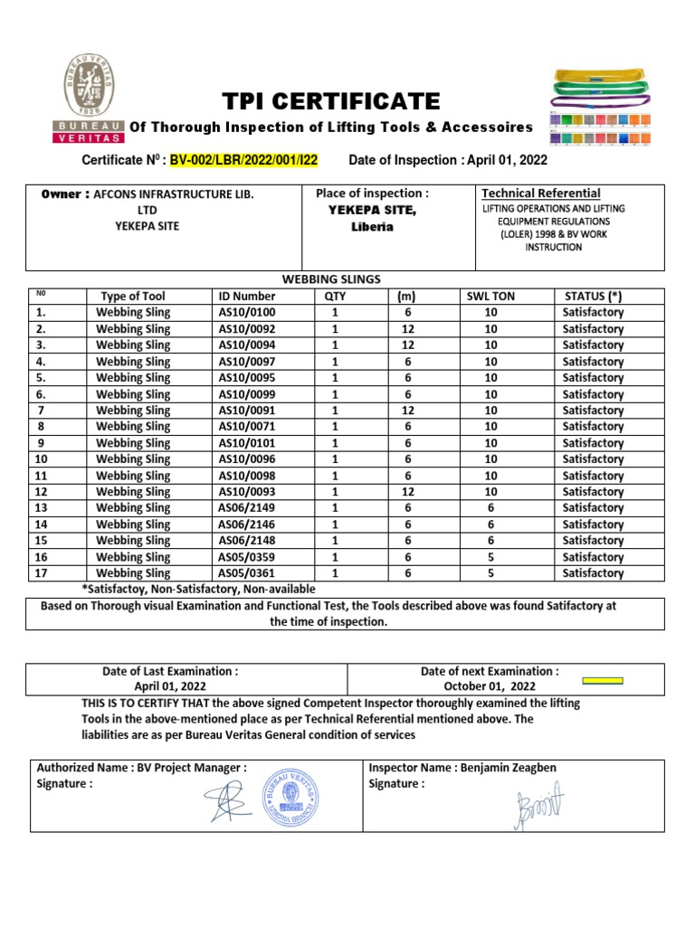 Tpi Certificate: of Thorough Inspection of Lifting Tools & Accessoires ...