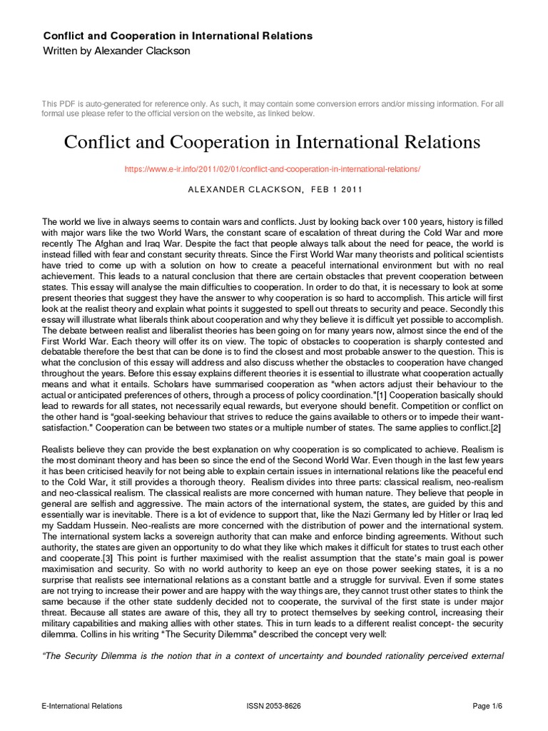 Conflict and Cooperation in International Relations | PDF | Liberalism ...