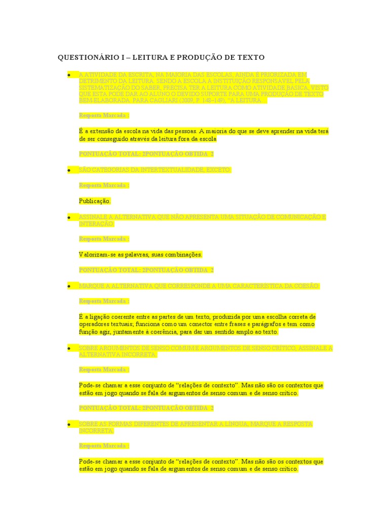 Questionário I - Leitura e Produção de Texto | PDF | Comunicação ...
