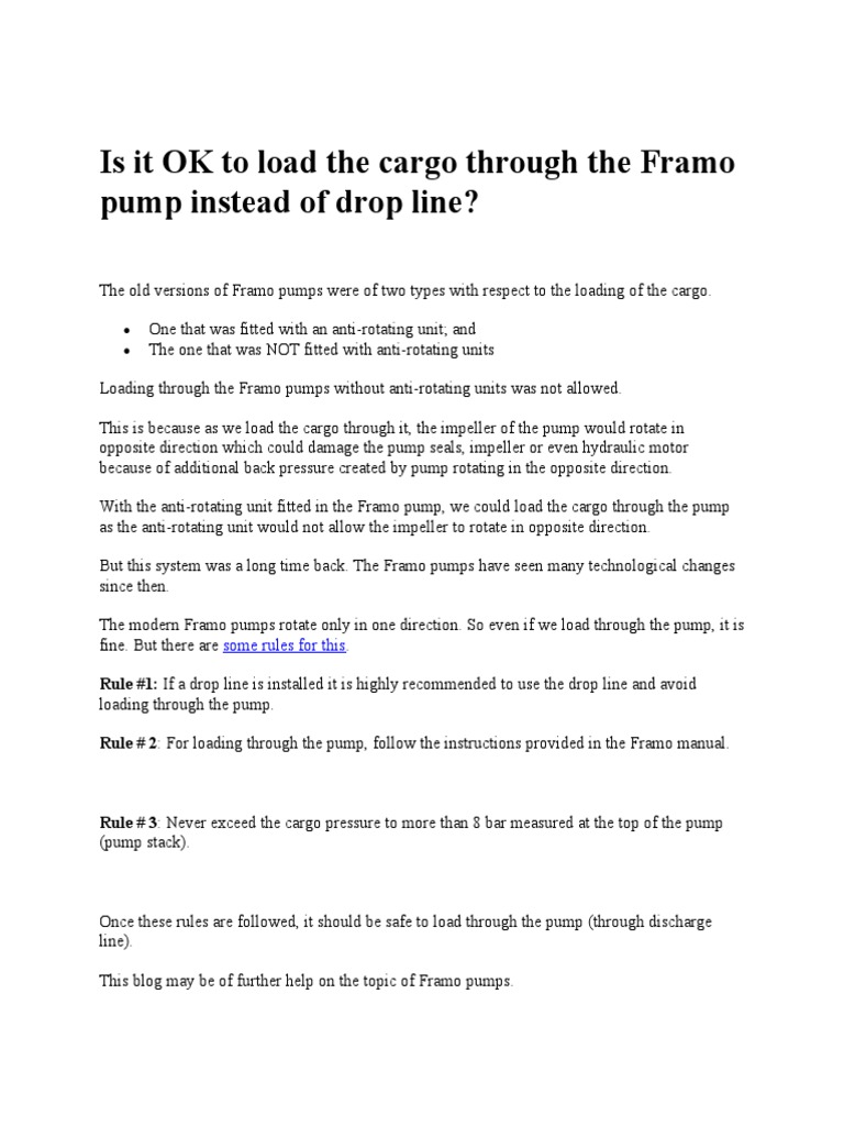 Is It OK To Load The Cargo Through The Framo Pump Instead of Drop Line ...