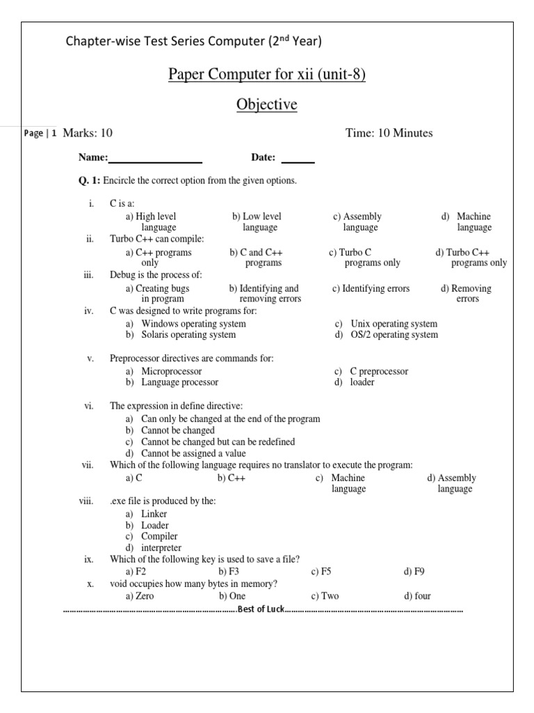 Paper Computer For Xii (Unit-8) Objective: Chapter-Wise Test Series ...