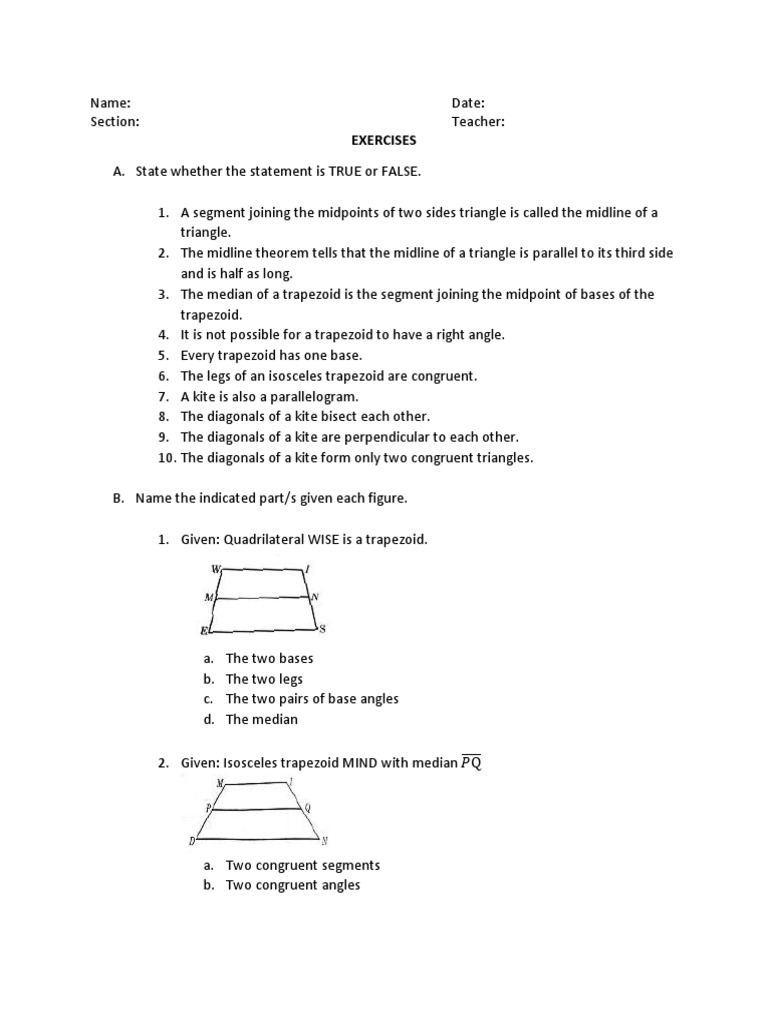 Sample Exercises Trapezoids Kites Pdf