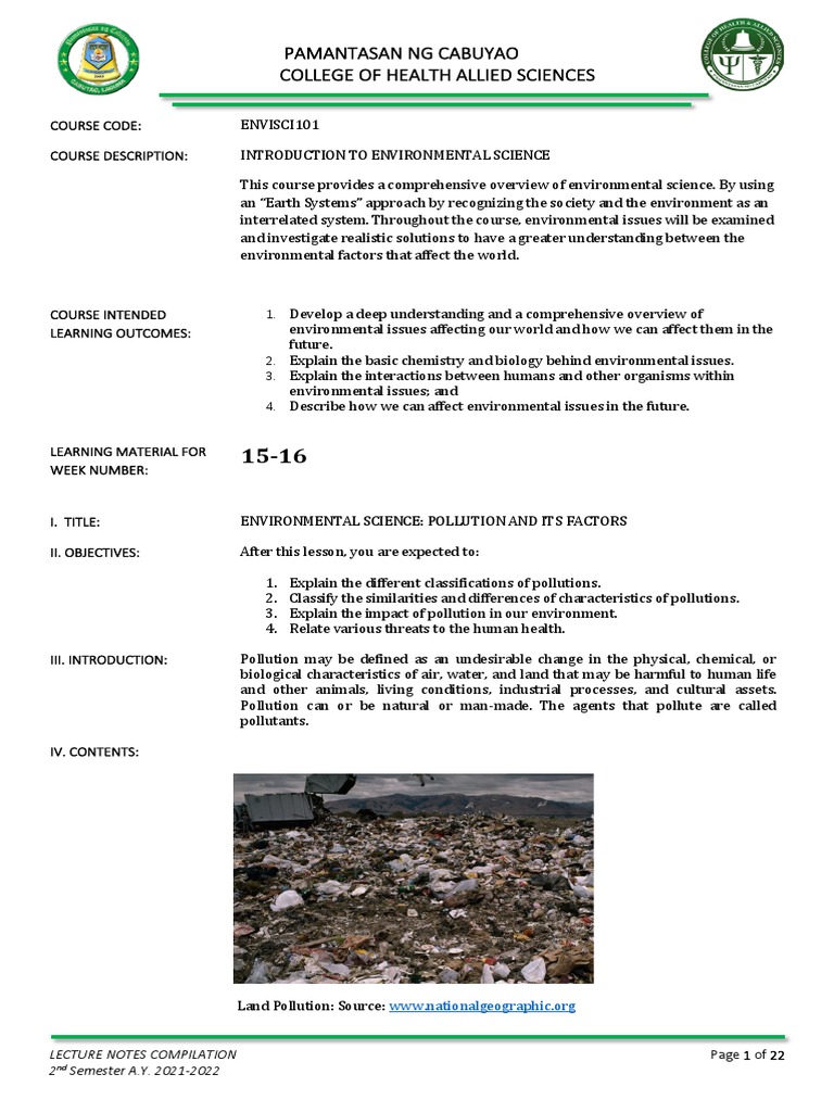 Week 15 Environmental Science Pollution and Its Factors | PDF | Sewage ...