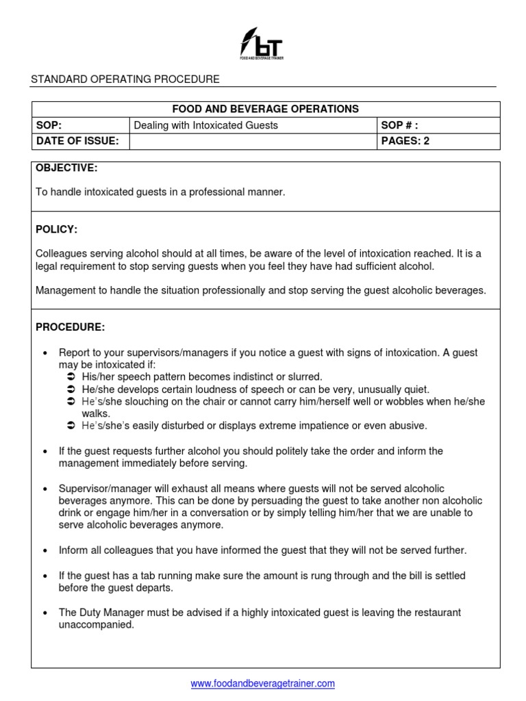 SOP Dealing With Intoxicated Guests | PDF | Alcohol Intoxication | Alcohol