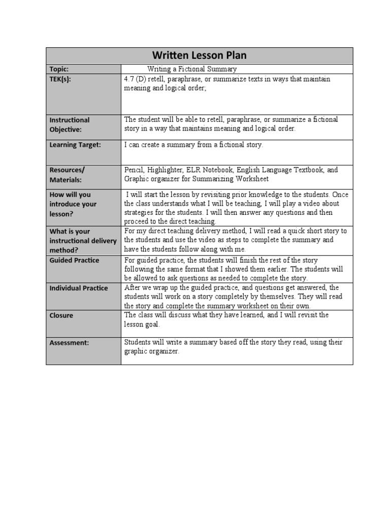 Written Lesson Plan: Topic: TEK(s) | PDF