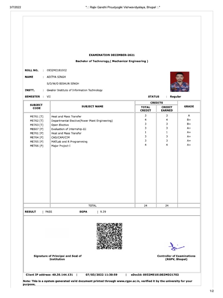 RGPV 7th Sem Marksheet | PDF