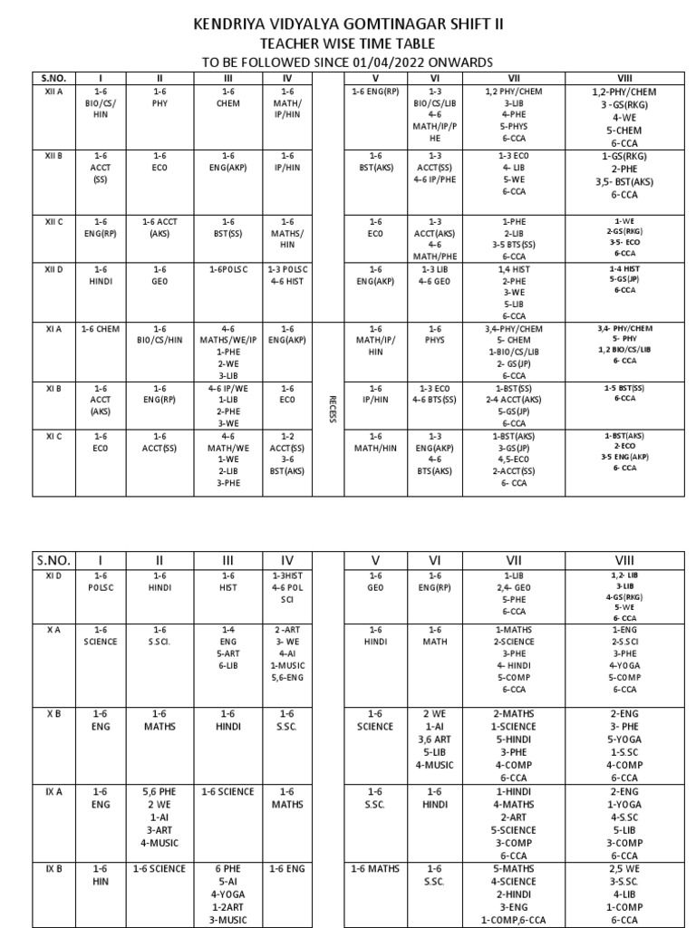 Teacher Timetable KVS Gomtinagar | PDF