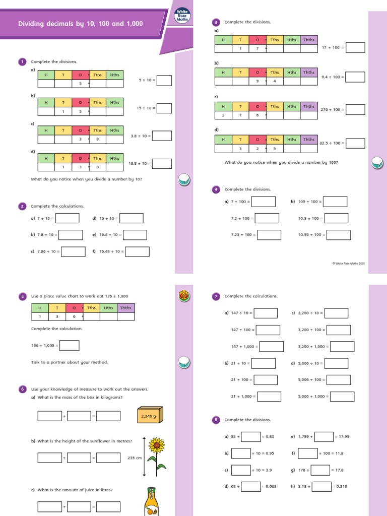 Dividing Decimals by 10, 100 and 1,000: © White Rose Maths 2020 | PDF ...