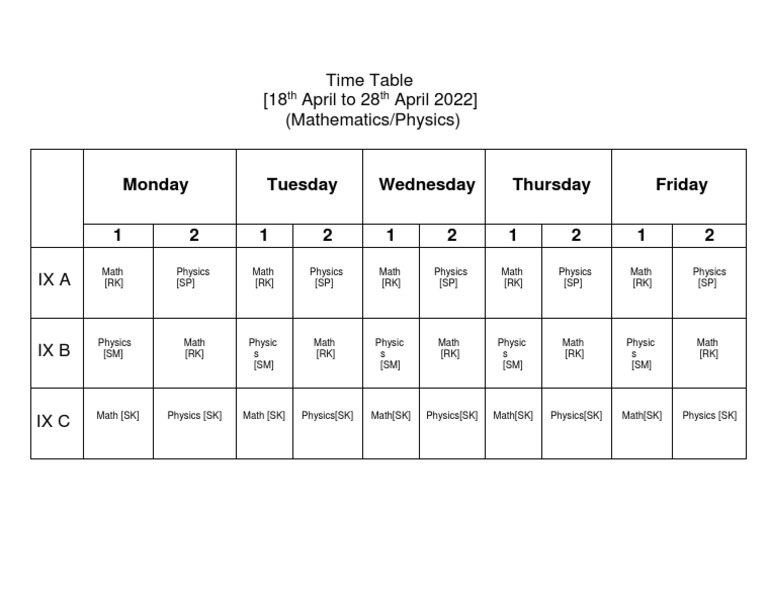 Extra Class - IX Timetable - FR | PDF | Teaching Methods & Materials
