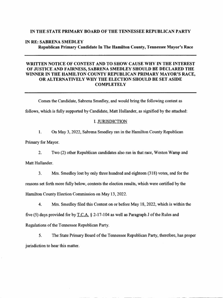 Sabrena Smedley Contests Hamilton County Mayoral Election | PDF