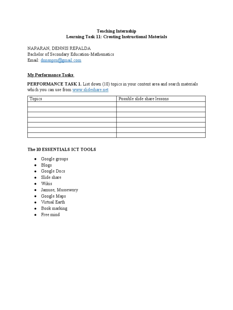 Teaching Internship Learning Task 11: Creating Instructional Materials | PDF