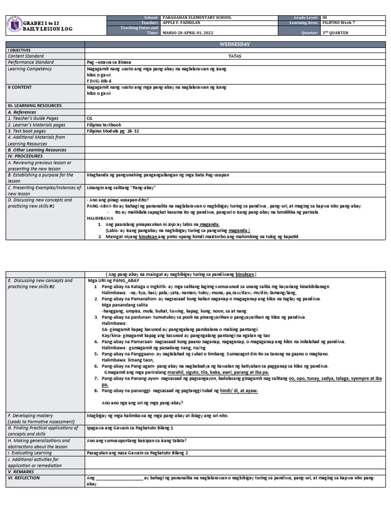 DLL Week 7 Filipino 3 Quarter | PDF
